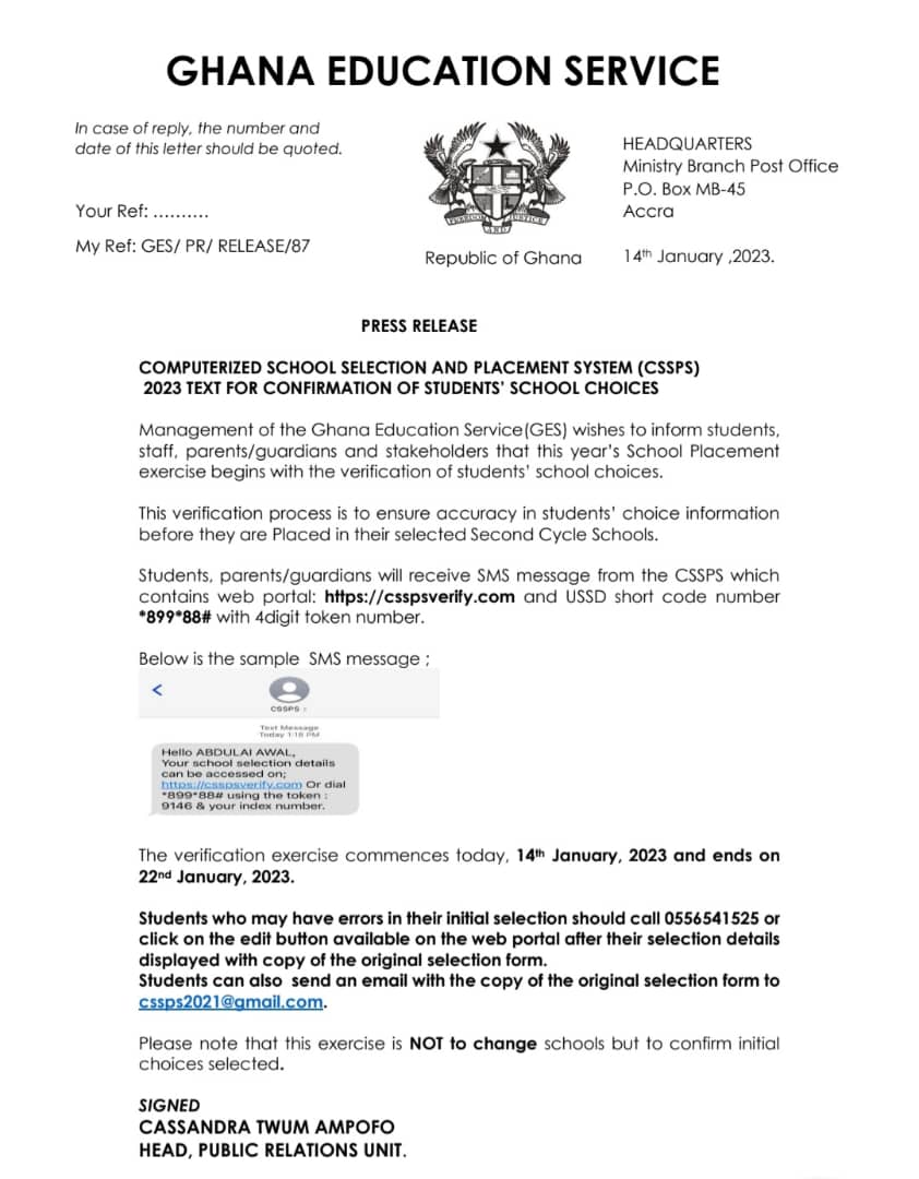 2023 SHS placement to begin with school choices verification – GES ...
