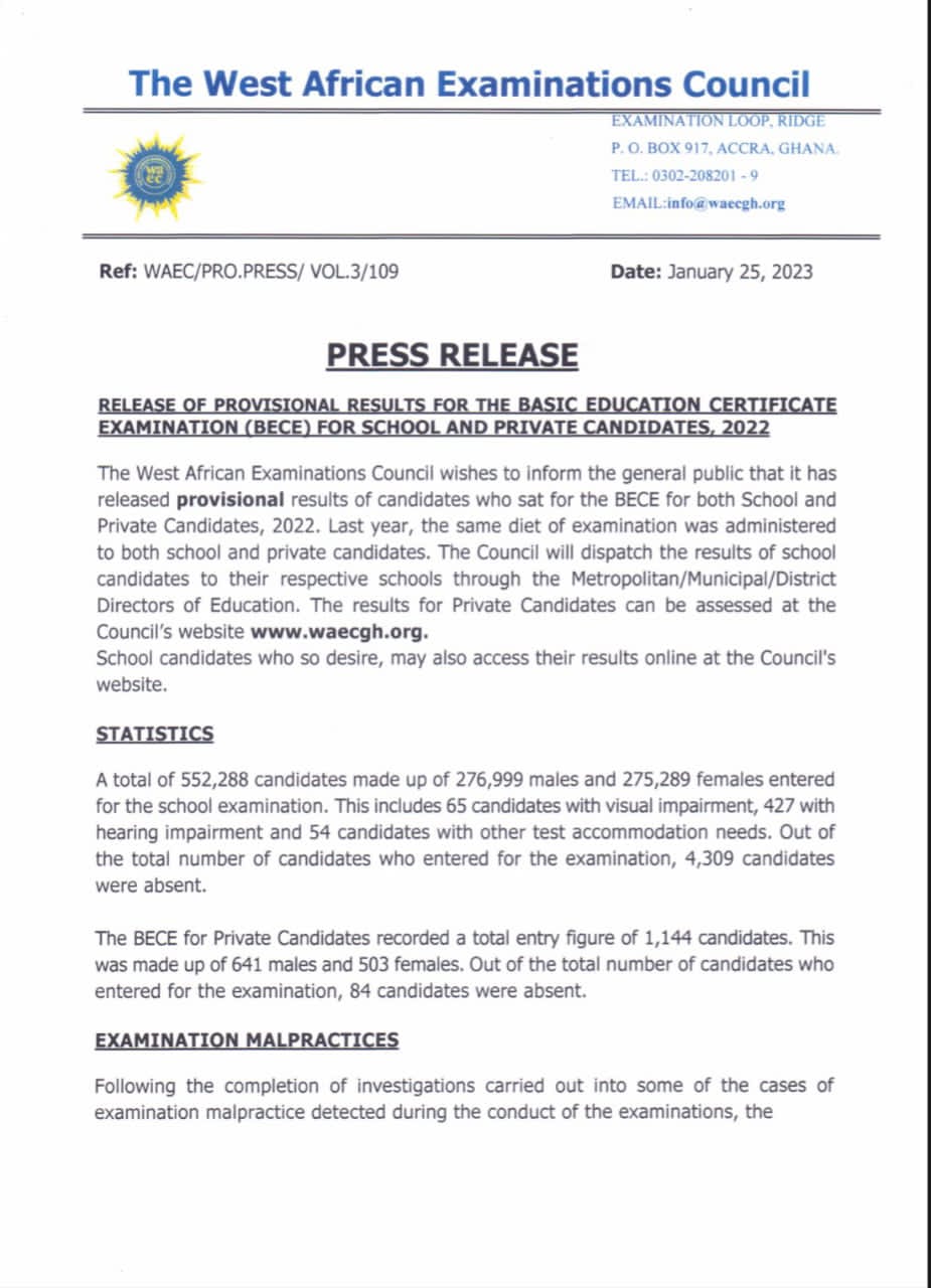 JUST IN:WAEC Releases 2022 BECE Provisional Results - TNTNEWSPAPER