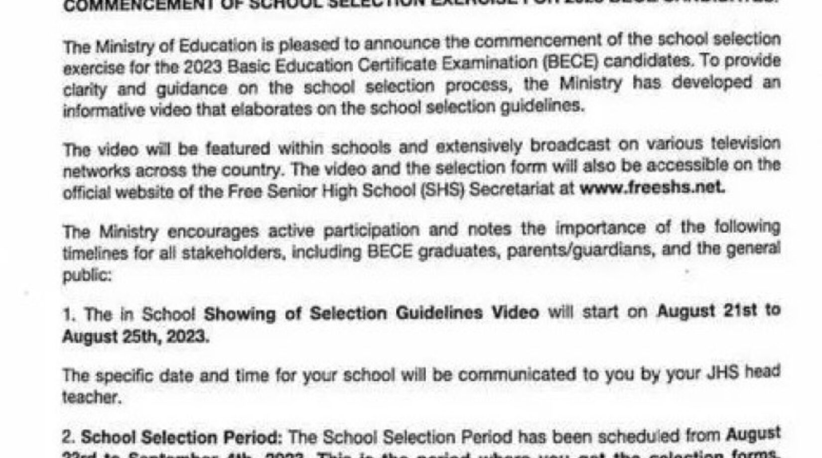Education Ministry announces Date for School selection for 2023 BECE ...