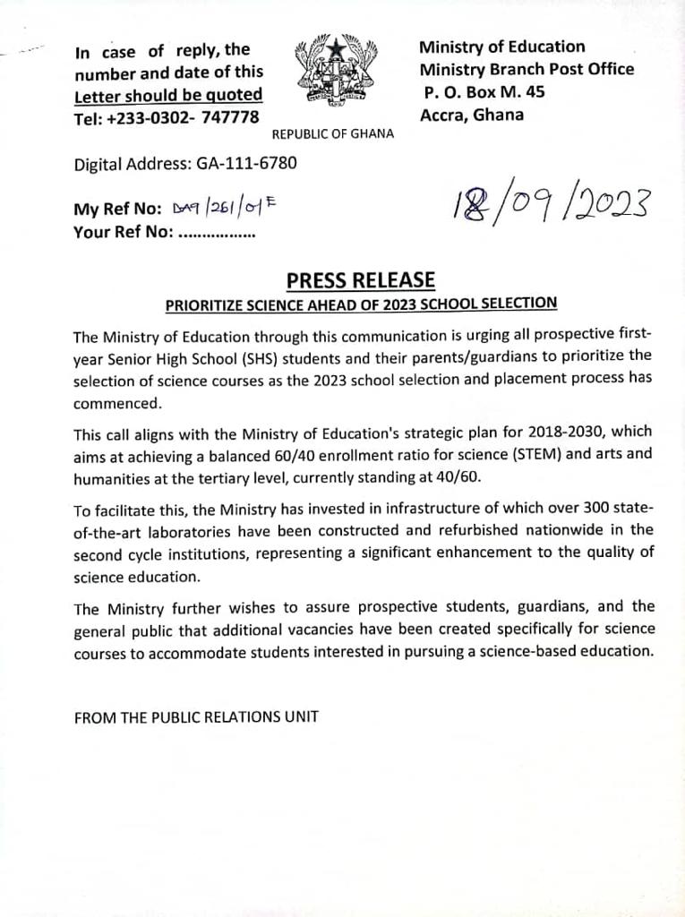 EDUCATION MINISTRY URGES STUDENTS TO PRIORITIZE SCIENCE AHEAD OF 2023 ...